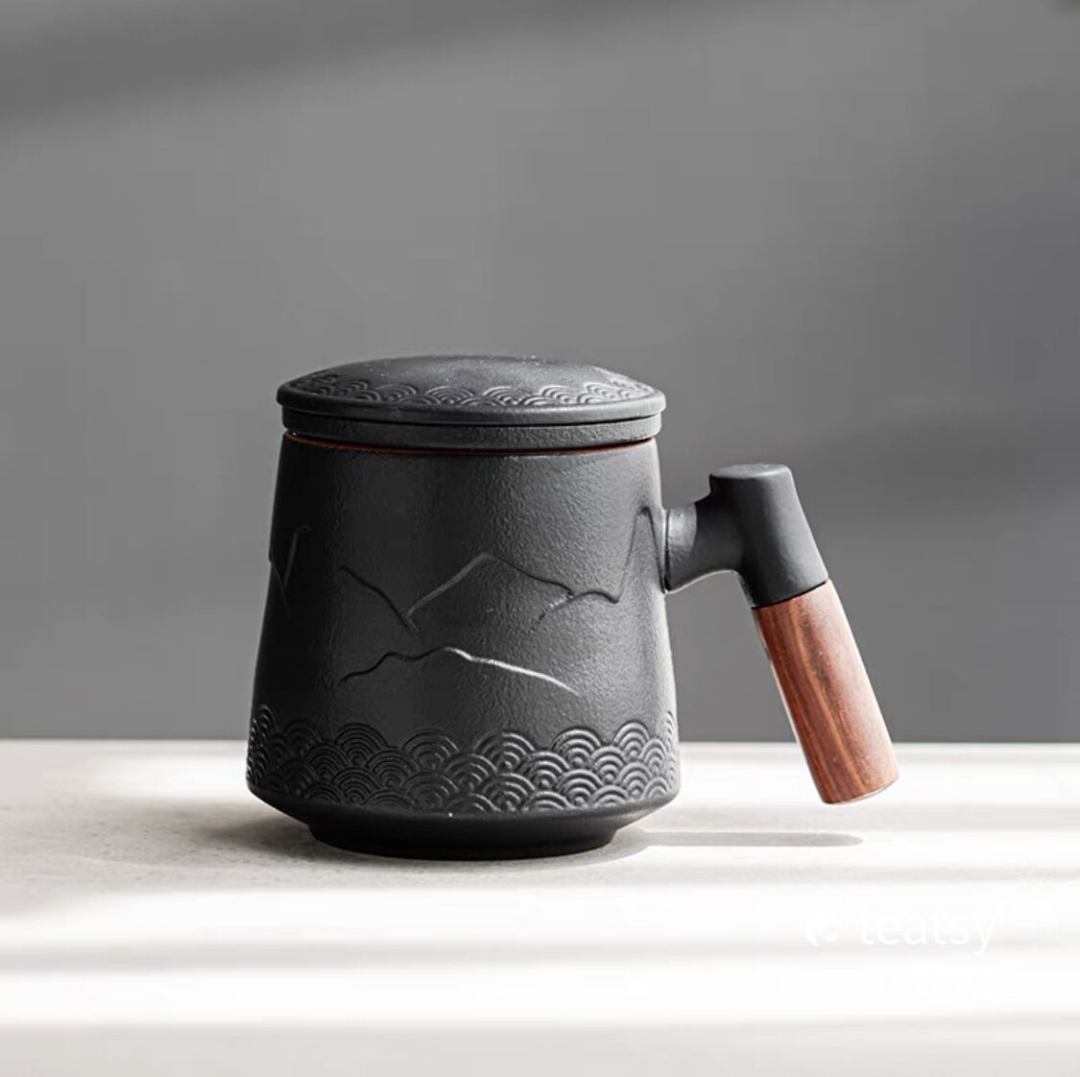 “Mountain” - Handmade Embossed Ceramic Tea Mug With Wooden Handle and ...